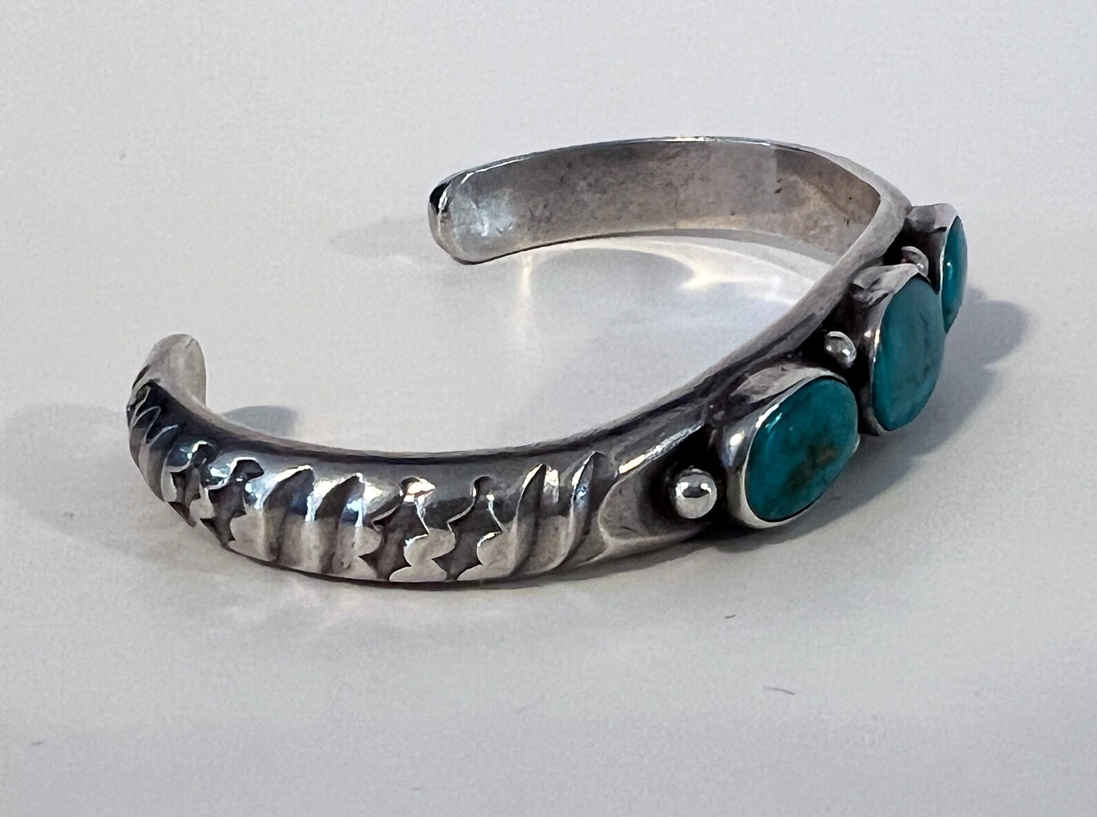 Ingot Silver Navajo or Pueblo Narrow Cuff With 3 Blue Gem Turquoise ...