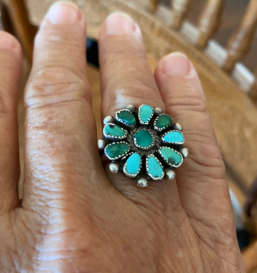 Vintage Zuni Turquoise and Silver Flower Ring