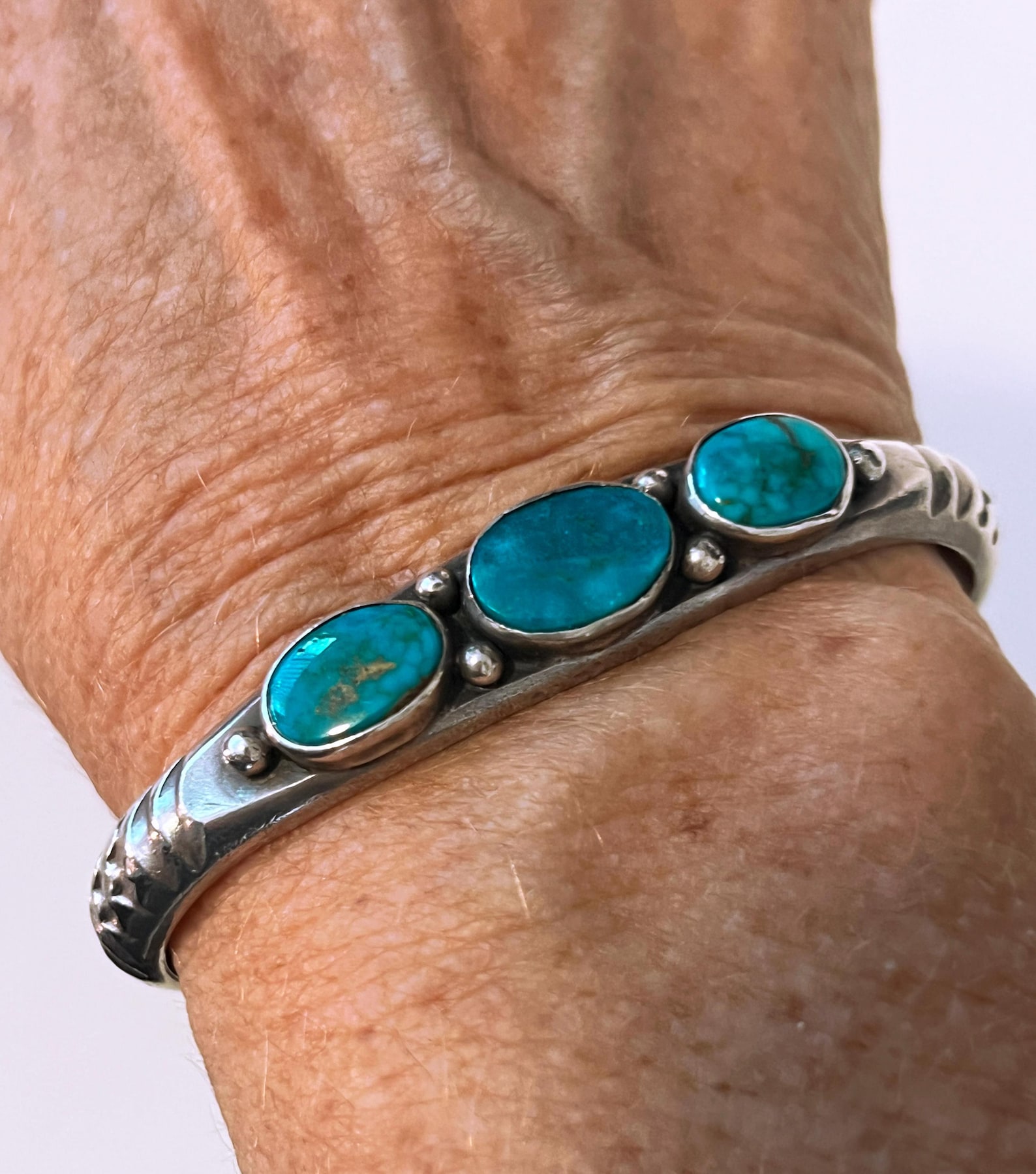 Ingot Silver Navajo or Pueblo Narrow Cuff With 3 Blue Gem Turquoise ...