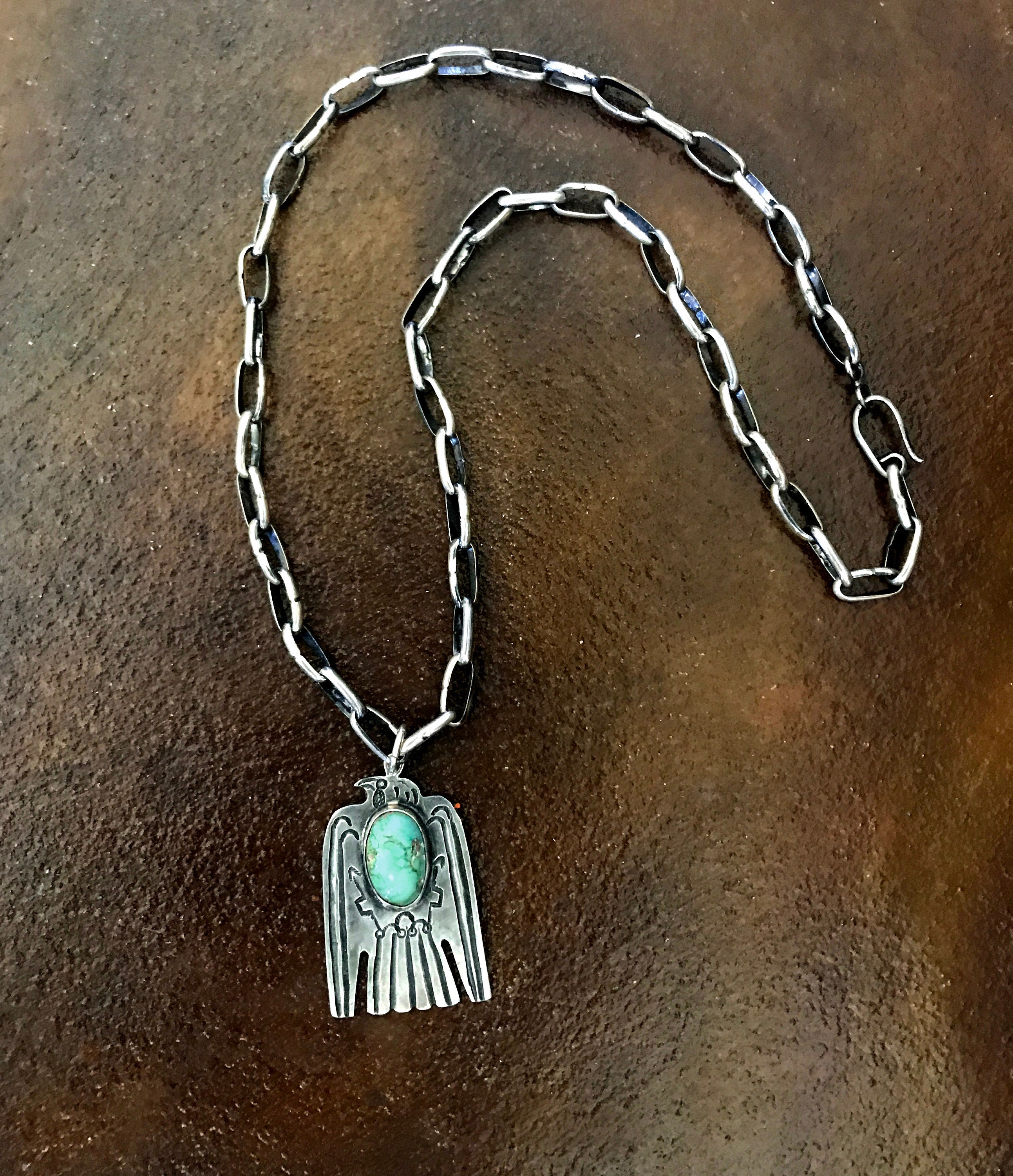 Silver and Turquoise Navajo Thunderbird Pendant on Chain