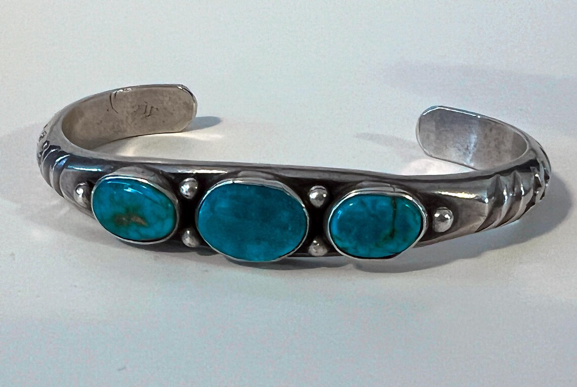 Ingot Silver Navajo or Pueblo Narrow Cuff With 3 Blue Gem Turquoise ...
