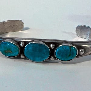 Ingot Silver Navajo or Pueblo Narrow Cuff With 3 Blue Gem Turquoise ...