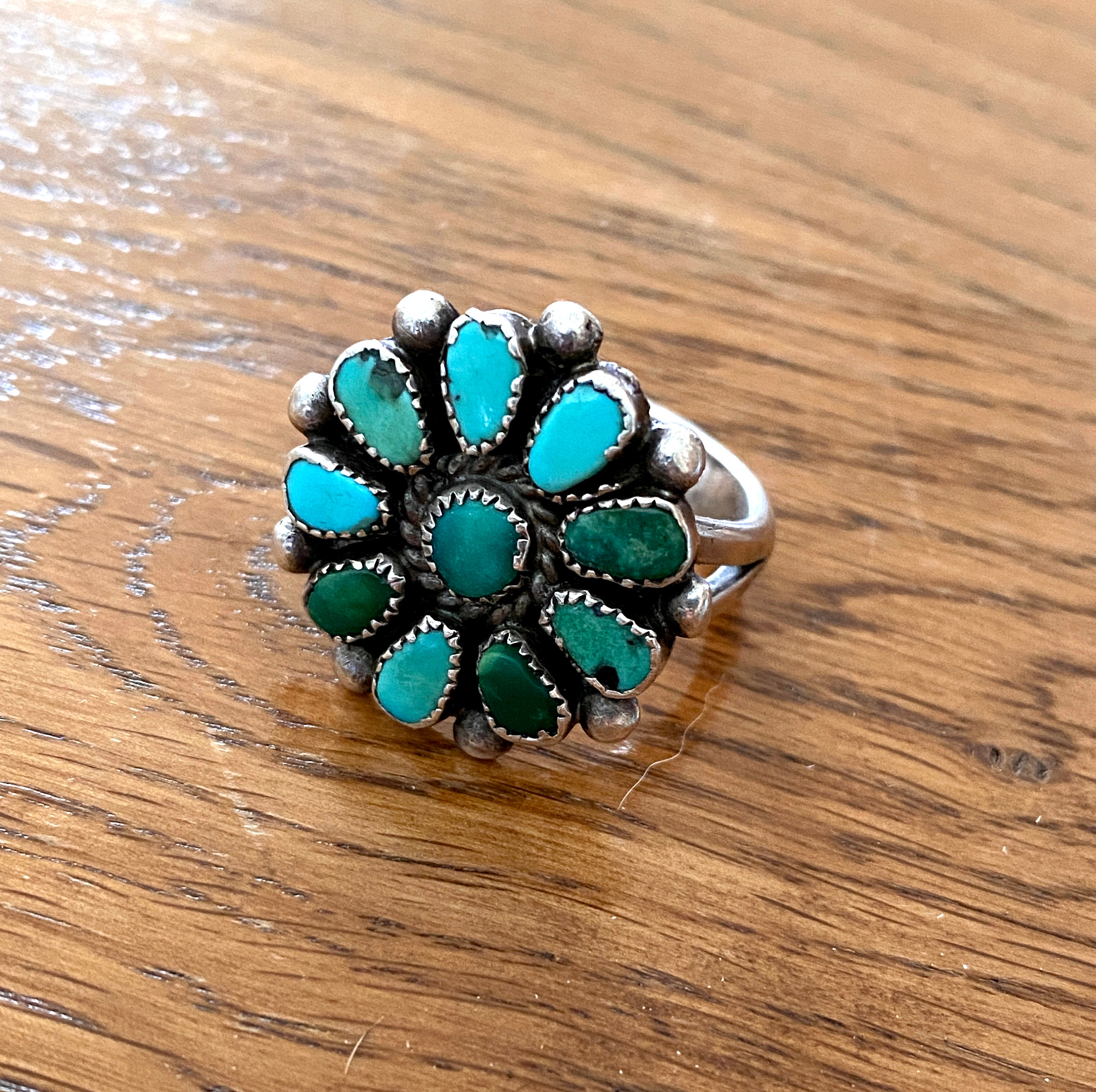 Vintage Zuni Turquoise and Silver Flower Ring