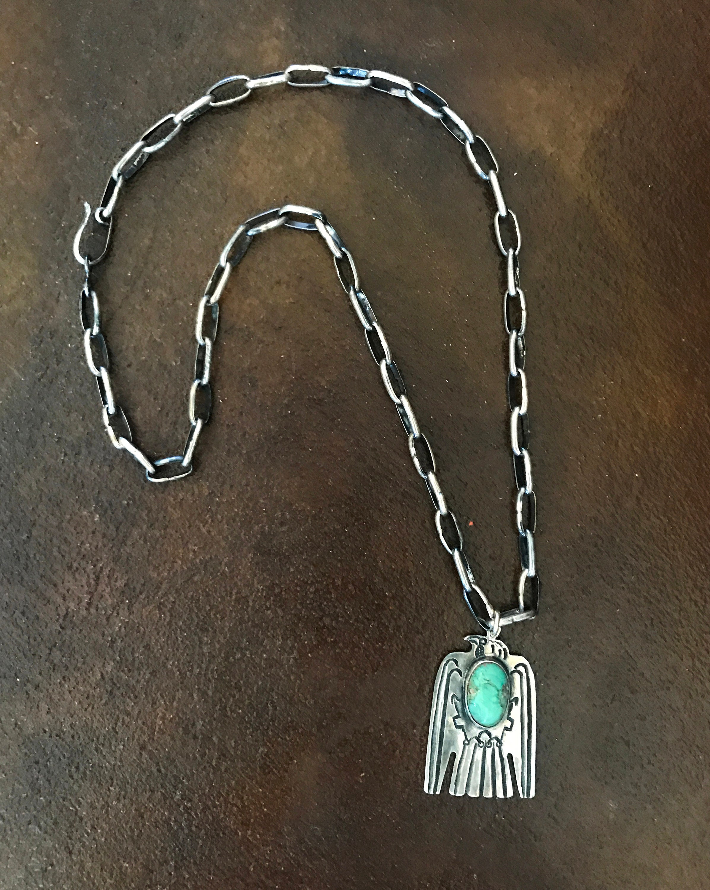 Silver and Turquoise Navajo Thunderbird Pendant on Chain
