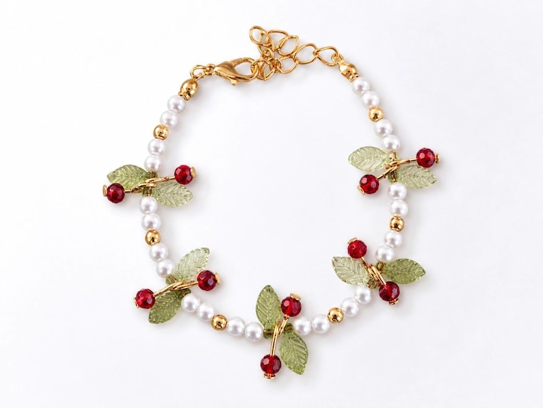 Pearl Cherry Bracelet, Red Crystal & Leaf Charm, Handmade Gold Gift for ...