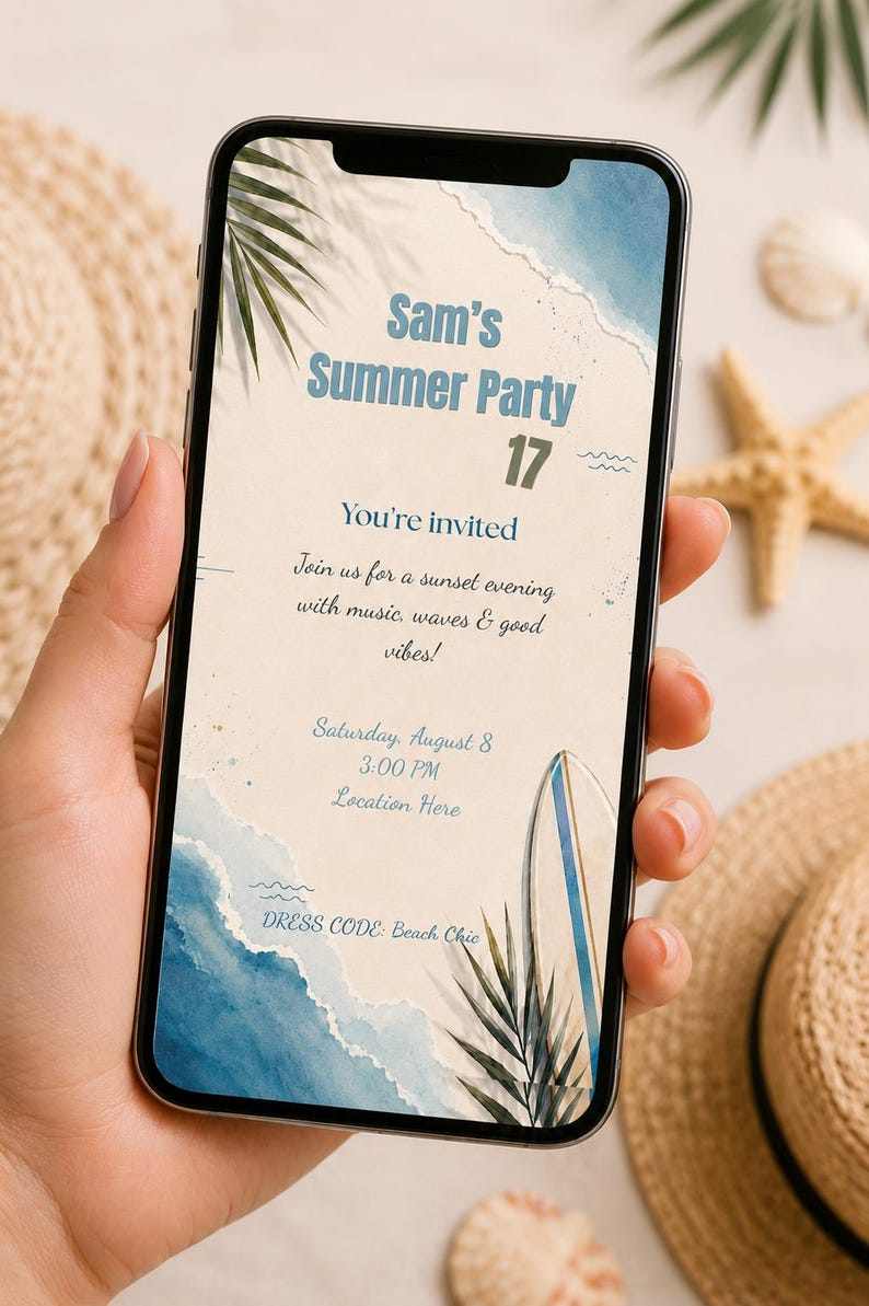 Summer Beach Birthday Invitation, Editable Canva, Coastal Celebration ...