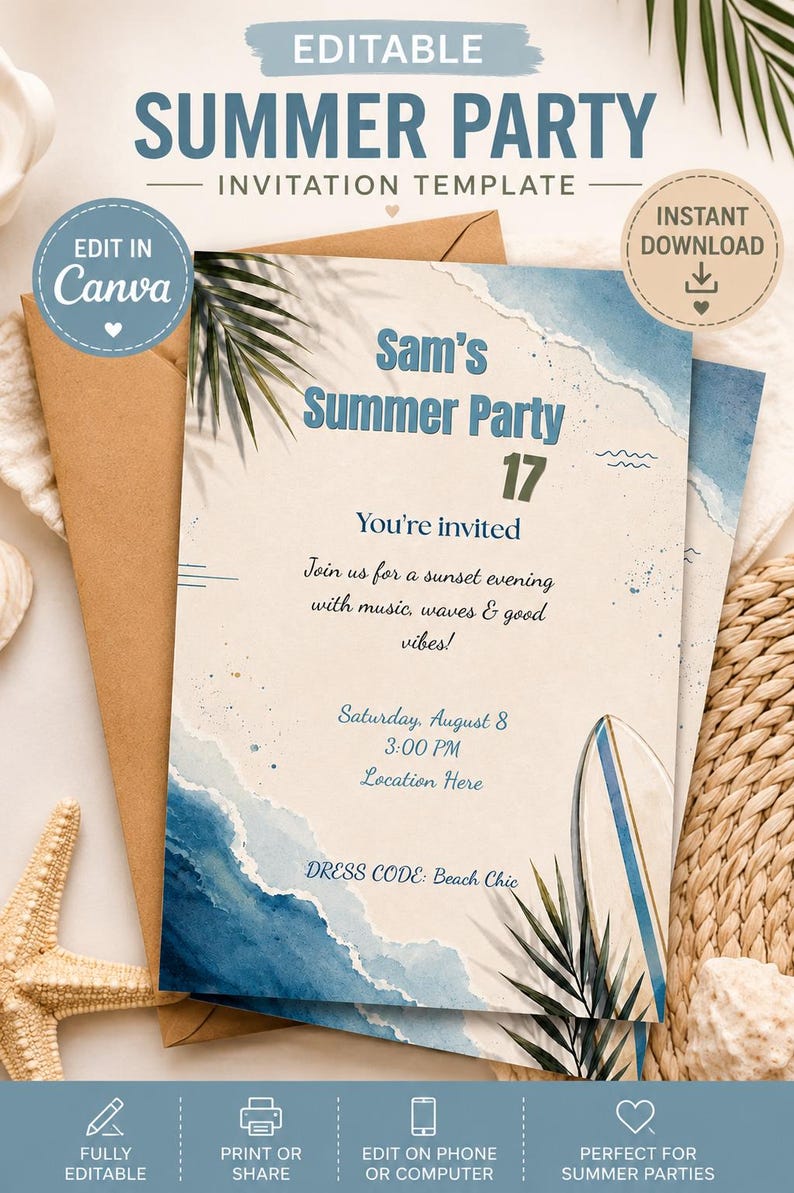 Summer Beach Birthday Invitation, Editable Canva, Coastal Celebration ...