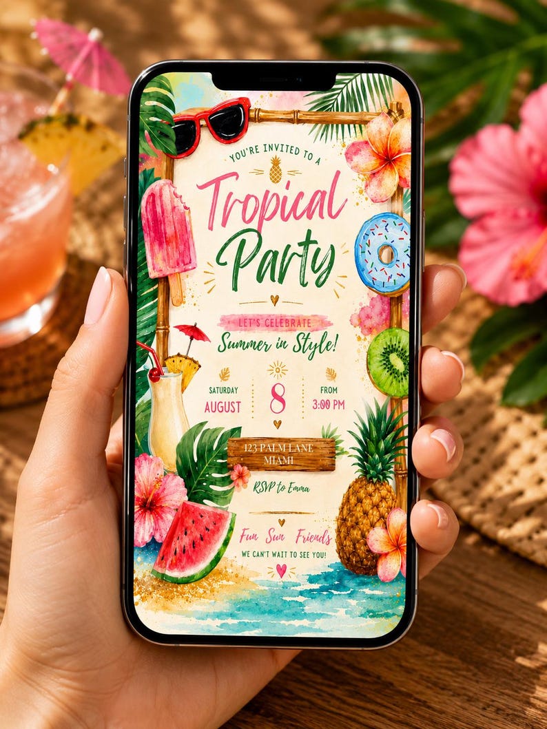 Tropical Party Invitation Template, Editable Canva, Summer Luau Pool ...