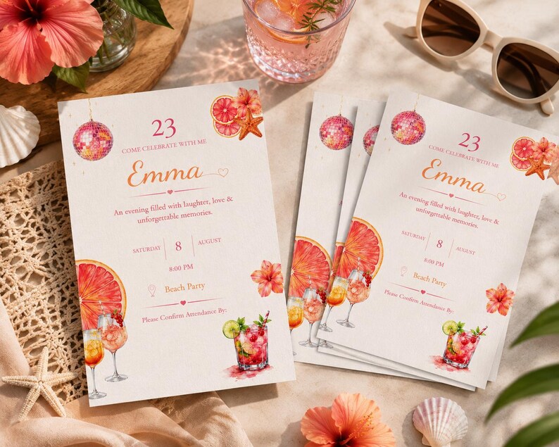 Tropical Cocktail Birthday Invitation Template, Editable Canva, Summer ...