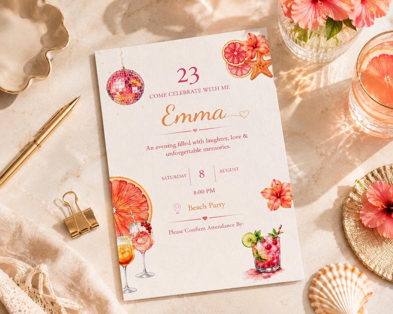 Tropical Cocktail Birthday Invitation Template, Editable Canva, Summer ...