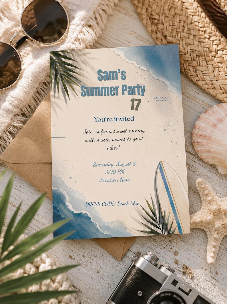 Summer Beach Birthday Invitation, Editable Canva, Coastal Celebration ...