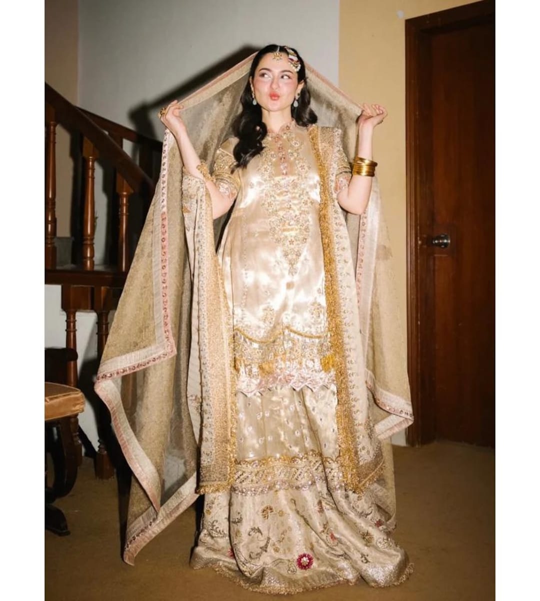 Luxury Pakistani Bridal Sharara Suit, Champagne Gold Wedding Dress ...