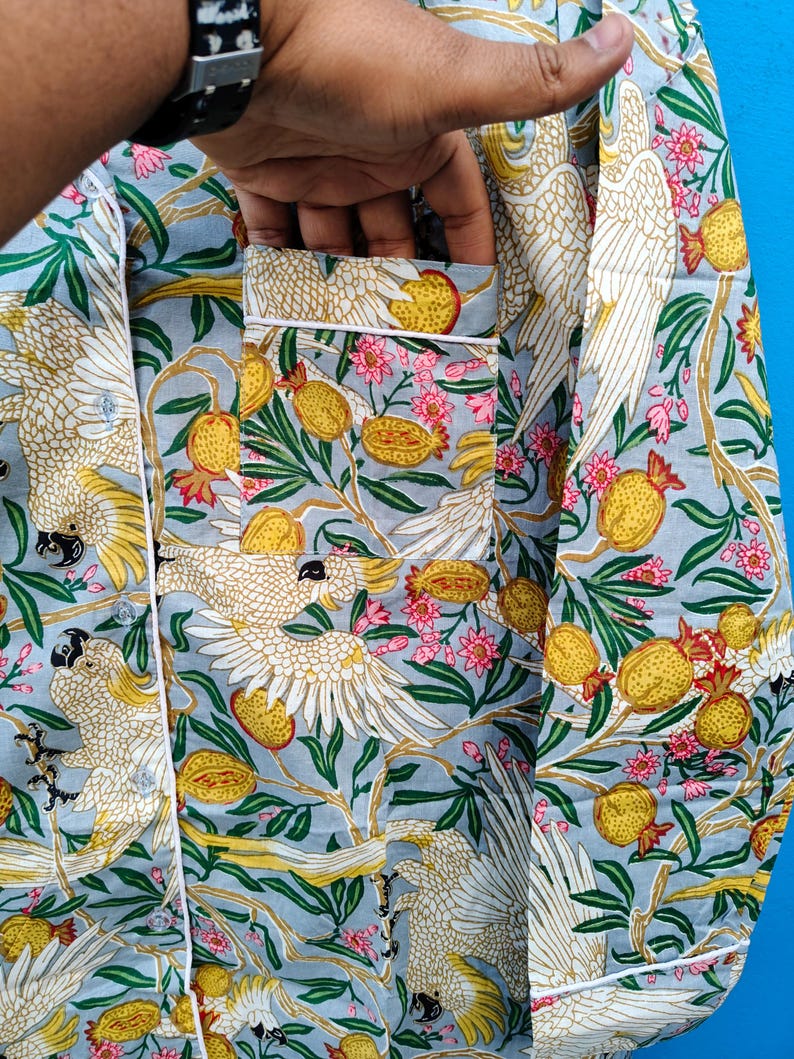 Hand Block Print Cotton Pajama Set, Bird Botanical Sleepwear, Artisan ...