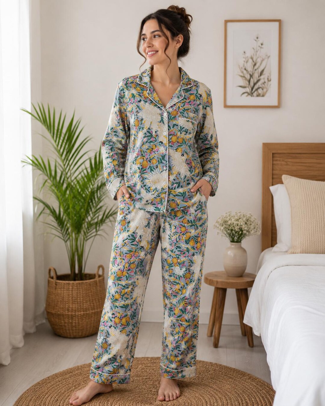 Hand Block Print Cotton Pajama Set, Bird Botanical Sleepwear, Artisan ...
