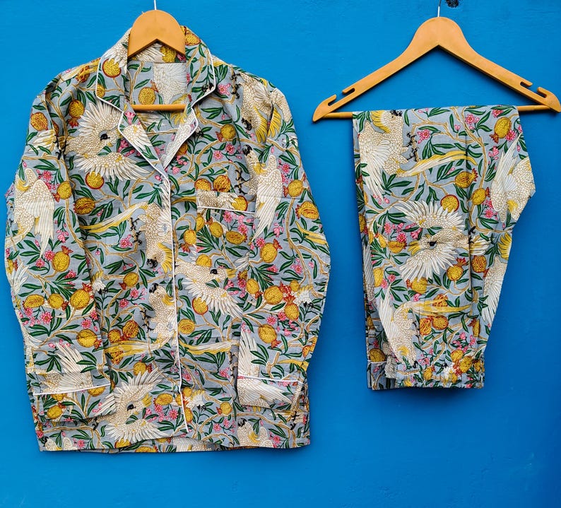 Hand Block Print Cotton Pajama Set, Bird Botanical Sleepwear, Artisan ...