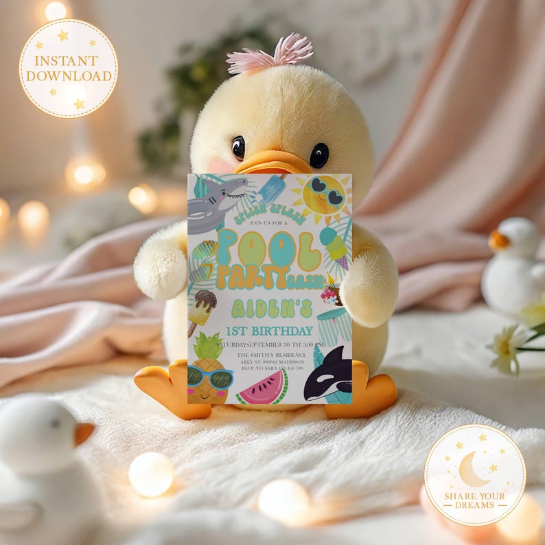 Shark Pool Party Birthday Invitation | Kawaii Ocean Bash 1st Birthday ...