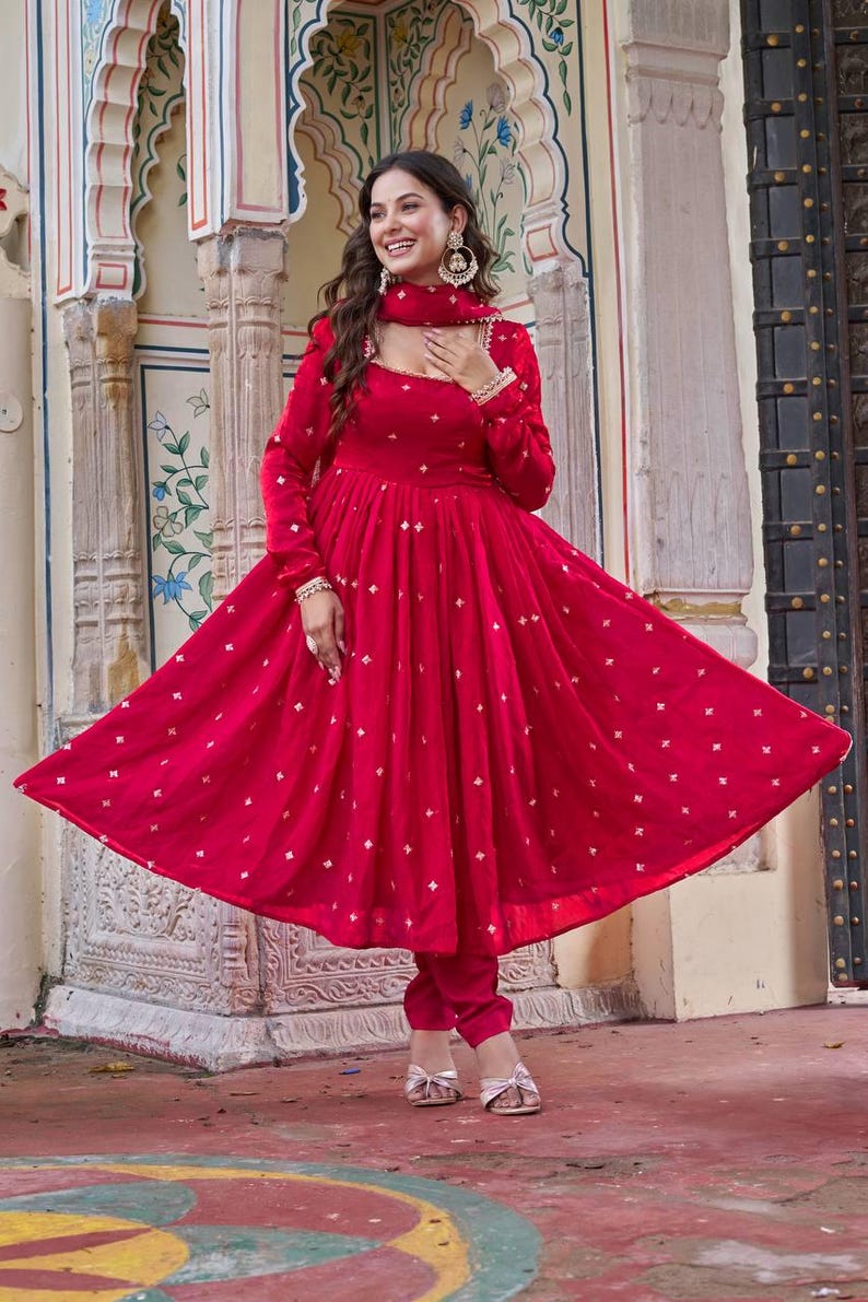 Red Heavy Fendi Silk Anarkali Suit Set for Women, Embroidered Ethnic ...