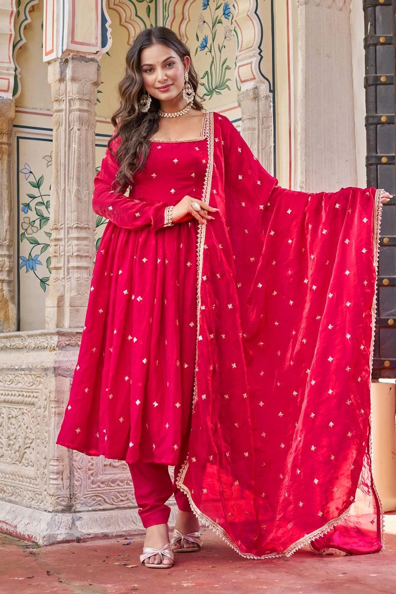 Red Heavy Fendi Silk Anarkali Suit Set for Women, Embroidered Ethnic ...
