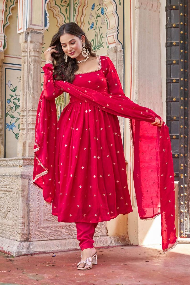 Red Heavy Fendi Silk Anarkali Suit Set for Women, Embroidered Ethnic ...