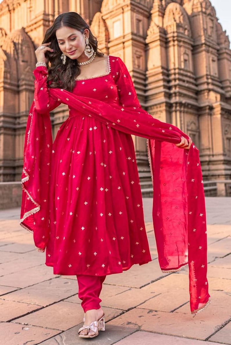 Red Heavy Fendi Silk Anarkali Suit Set for Women, Embroidered Ethnic ...