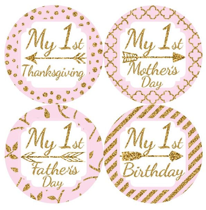 Baby 1st First HOLIDAYS Growth Stickers Gold Glitter Light Pink Hearts ...