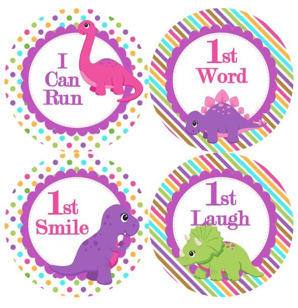 Baby 1st First MILESTONES Growth Stickers Girls in Pink Purple Dinosaur ...