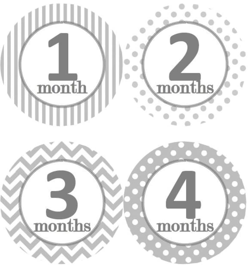 Baby Monthly Milestone Growth Stickers Grey White Dots Stripes Chevrons ...