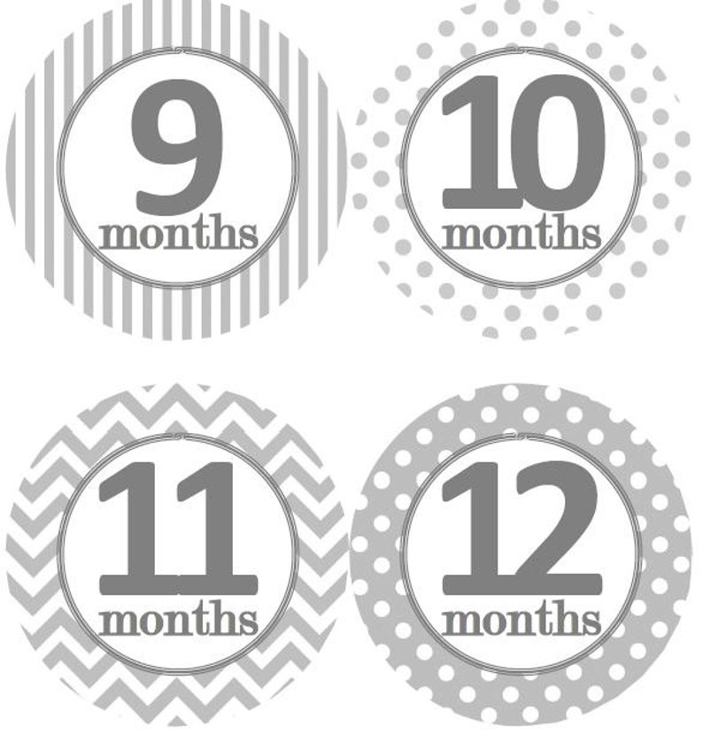Baby Monthly Milestone Growth Stickers Grey White Dots Stripes Chevrons ...
