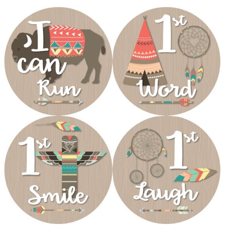 Baby First 1st MILESTONES Stickers Tribal Tee Pee Arrows Buffalo ...