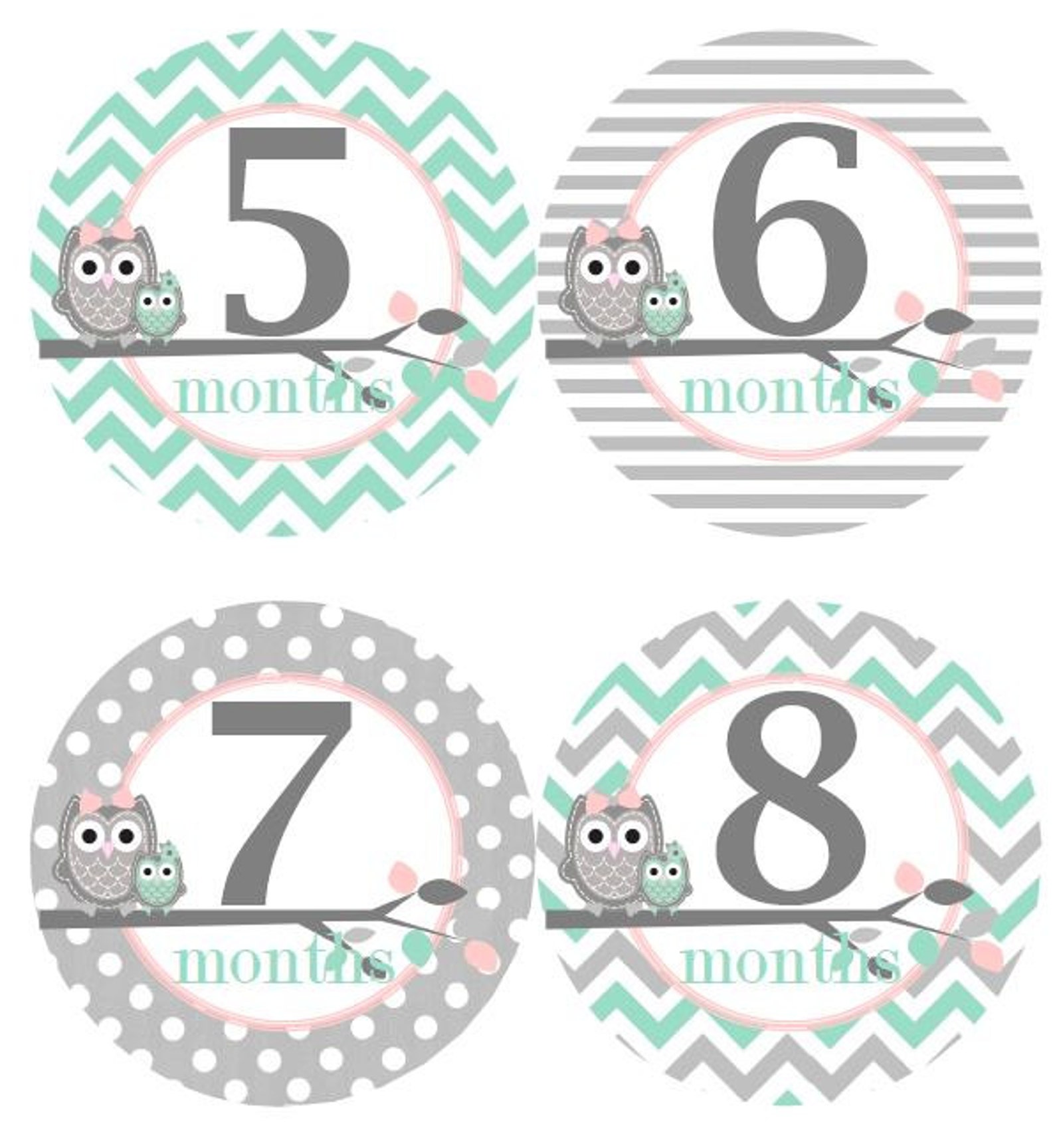 Baby Monthly Milestone Growth Stickers in Mint Grey Pink Owls - Etsy