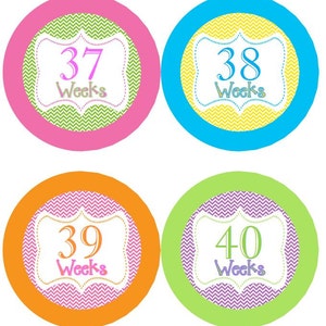 12 Weekly Pregnancy Belly Bump Stickers Pink Blue Orange Green Chevrons ...