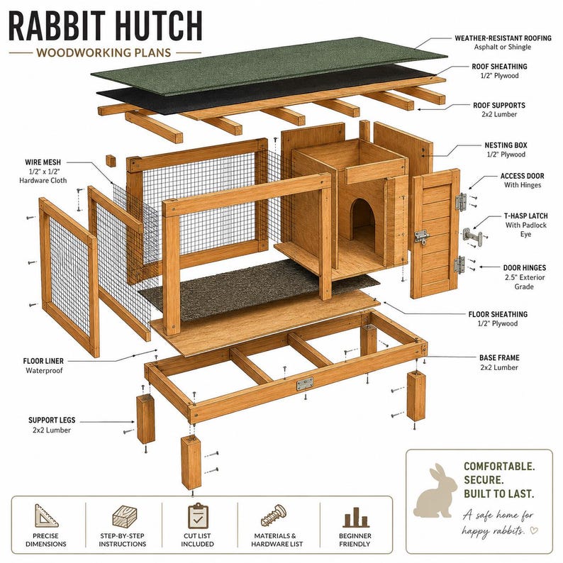 DIY 4-foot Elevated Rabbit Hutch Plan | Outdoor Wooden Bunny House With ...