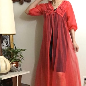 Vintage 1960s Lingerie Robe Flowing Cherry Red Nylon Glam Posh Pin up ...