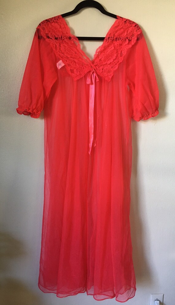 Vintage 1960s Lingerie Robe Flowing Cherry Red Nylon … - Gem