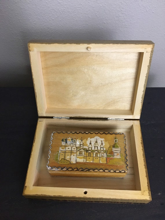 Vintage 1970s Wood Box Cathedral Art Hand Painted Set… - Gem