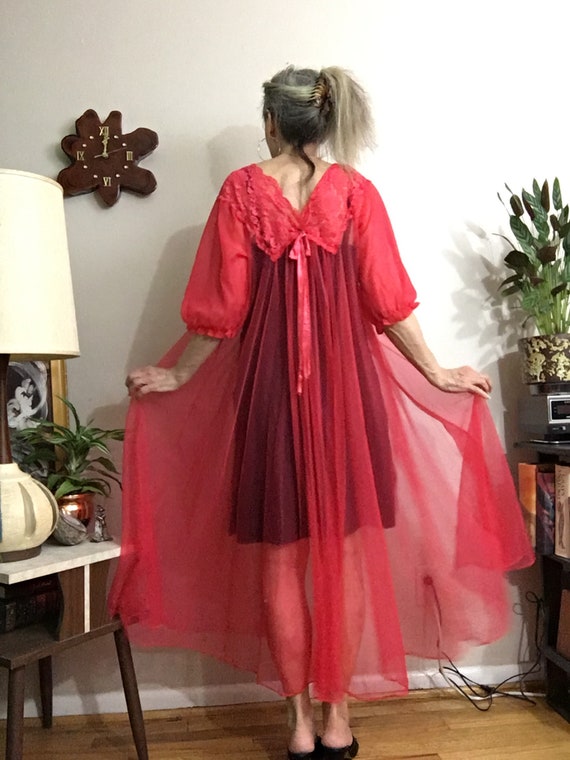 Vintage 1960s Lingerie Robe Flowing Cherry Red Nylon … - Gem