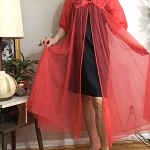 Vintage 1960s Lingerie Robe Flowing Cherry Red Nylon Glam Posh Pin up ...