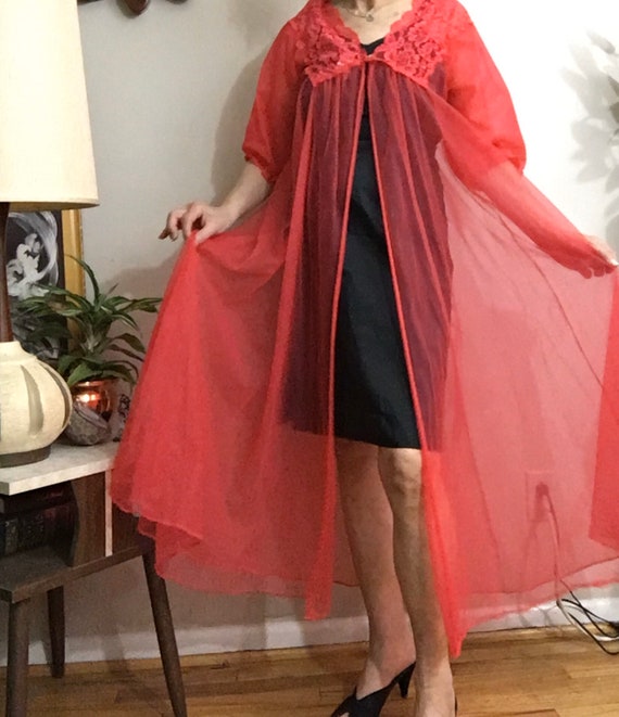 Vintage 1960s Lingerie Robe Flowing Cherry Red Nylon … - Gem