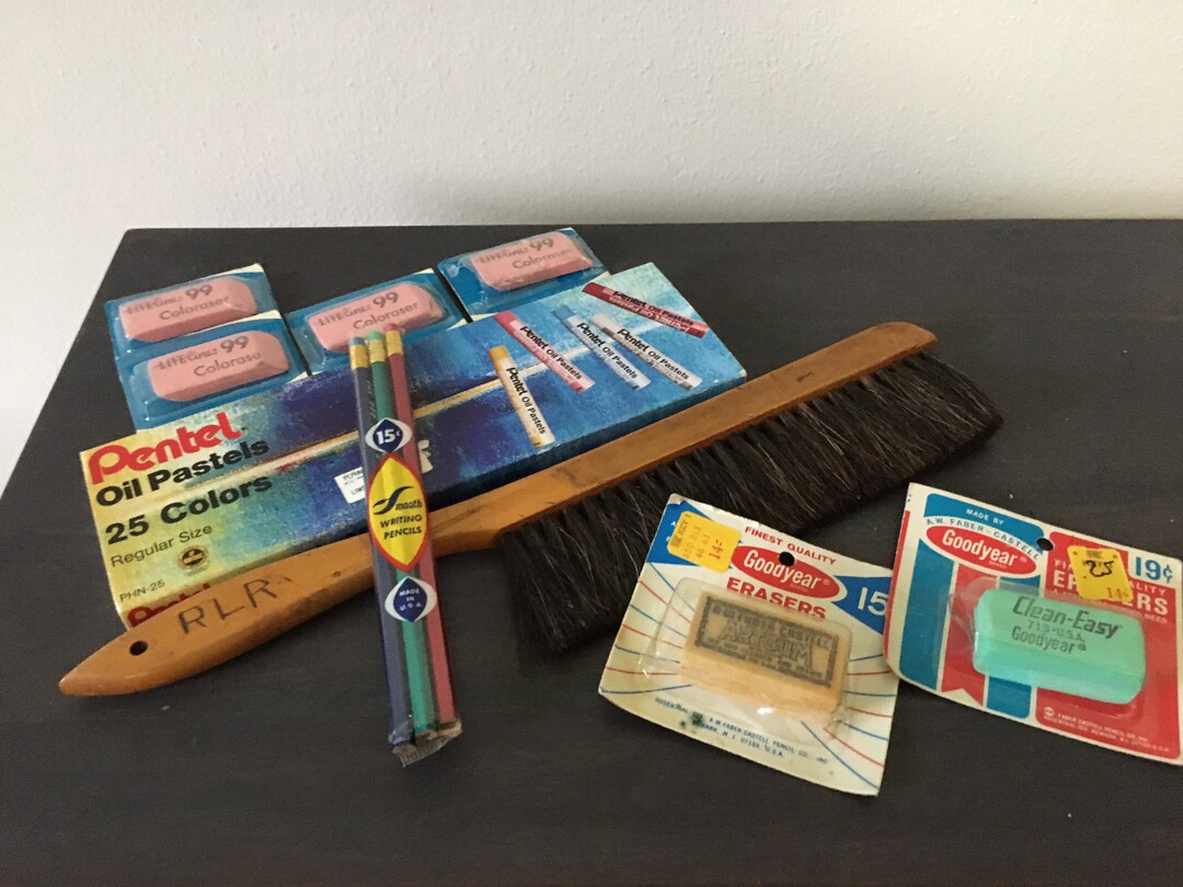 Vintage 50s 60s 70s Artist Kit Pentel Pastels Erasers Pencils Brush Set ...
