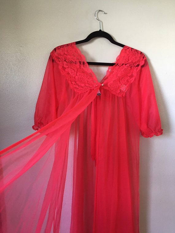 Vintage 1960s Lingerie Robe Flowing Cherry Red Nylon … - Gem