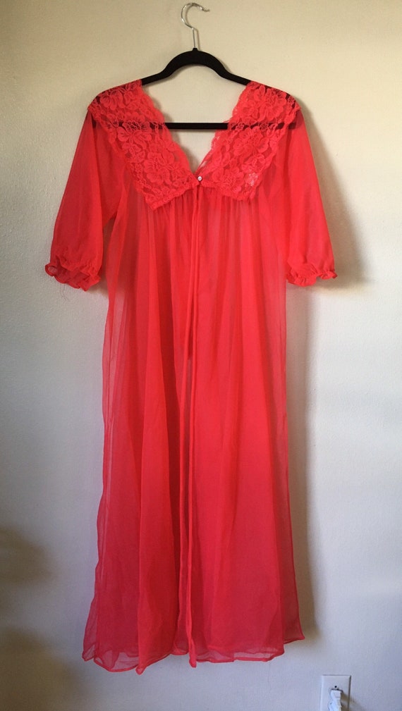 Vintage 1960s Lingerie Robe Flowing Cherry Red Nylon … - Gem