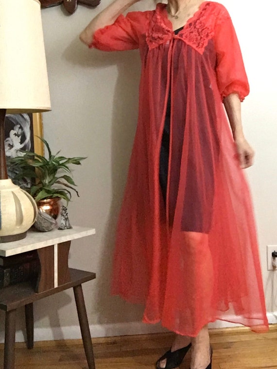 Vintage 1960s Lingerie Robe Flowing Cherry Red Nylon … - Gem