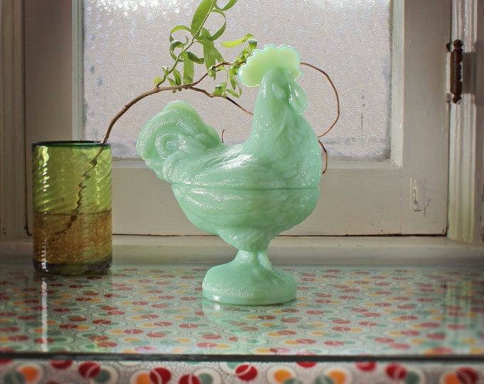 Jadeite Glass Covered Rooster Dish - Etsy
