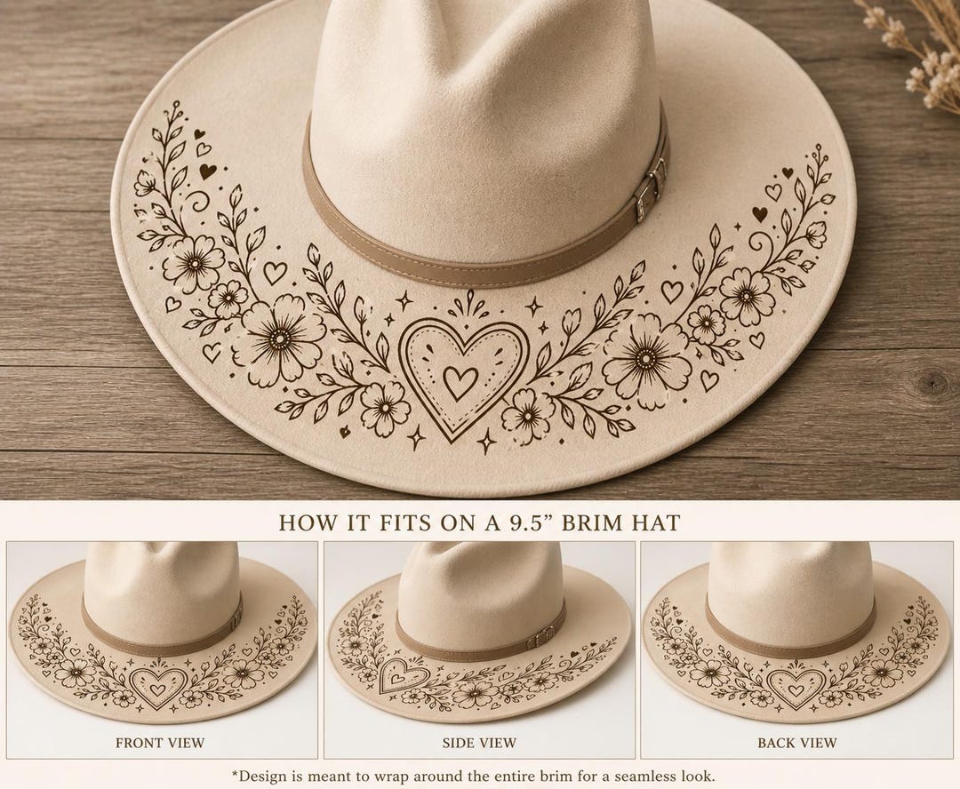 Heart Hat Burning Design | Floral Western Hat Template | Printable Hat ...