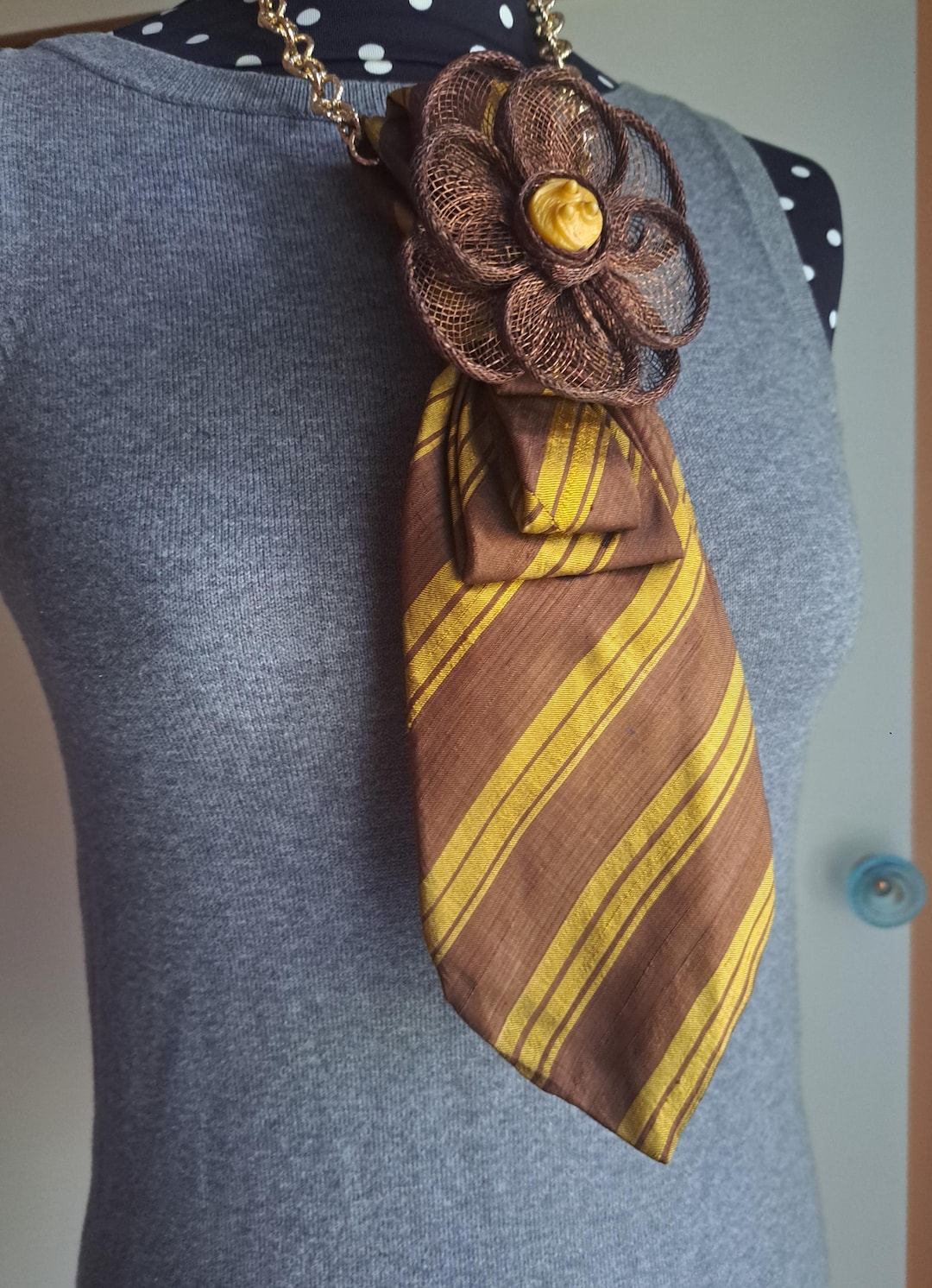 Upcycled Vintage Necktie With Flower Brooch Pin, Necktie Necklace, Tie ...