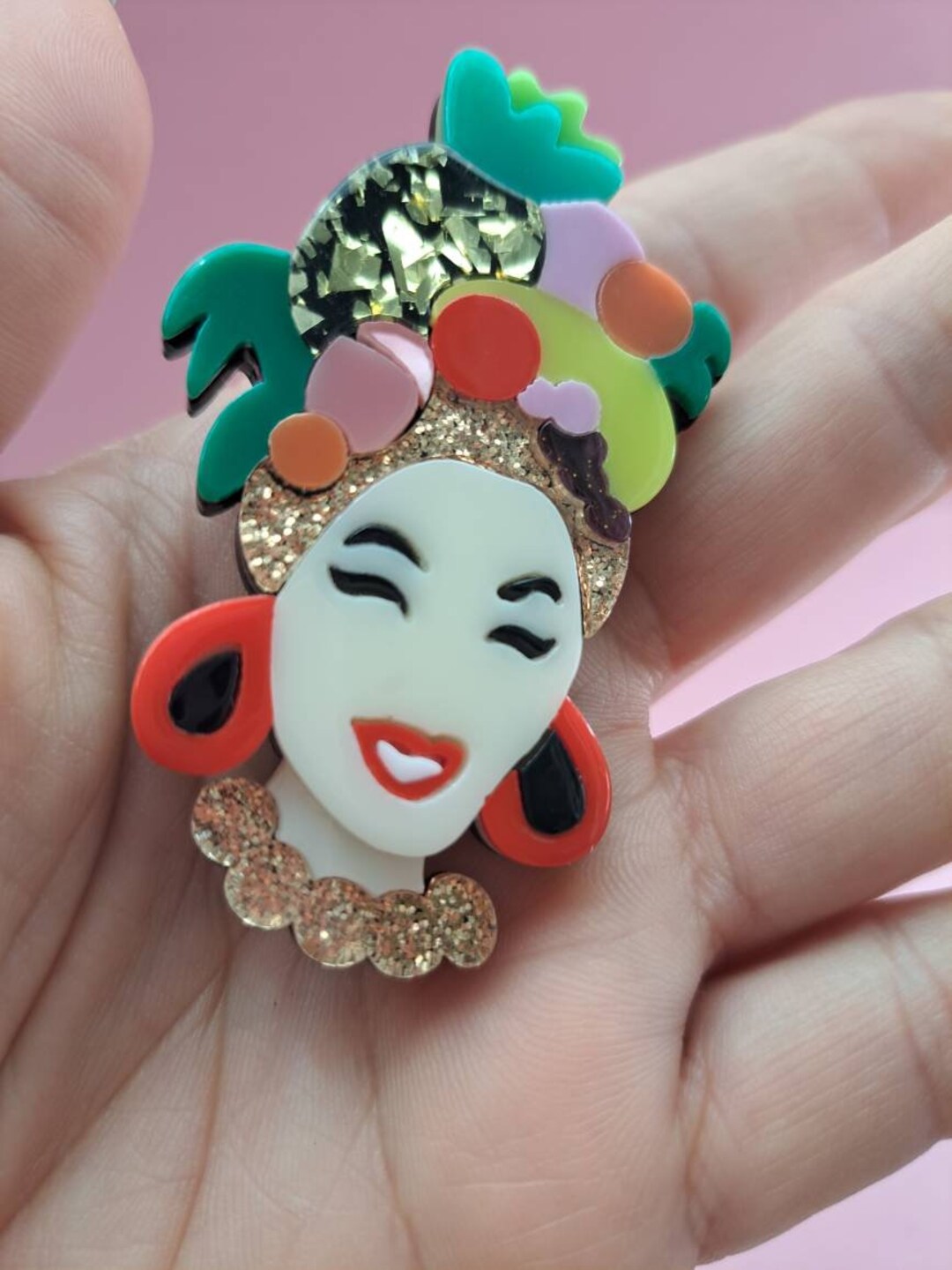 Carmen Miranda 3D Colorful Altered Art Resin Face Brooch Pin, Kitsch ...