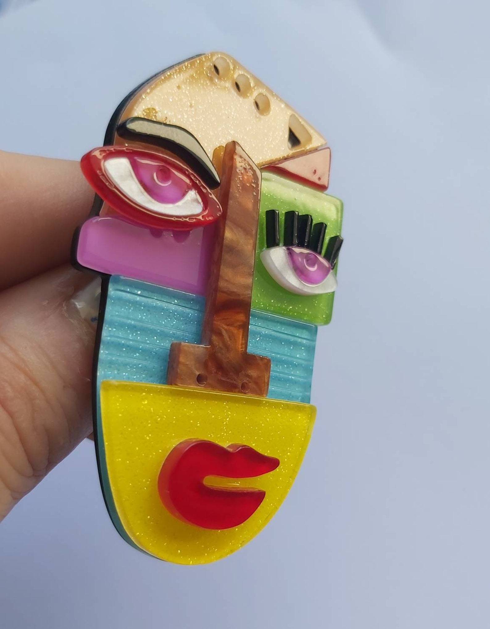 3D Colorful Altered Art Resin Face Brooch Pin Picasso Style - Etsy