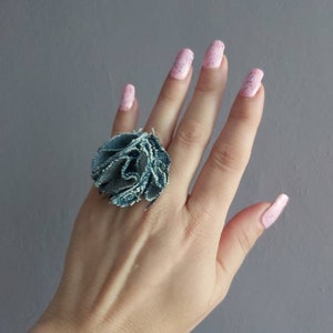 Denim Jean Fabric Flower Ring, Handmade, Recycled Denim Jean, Gold ...