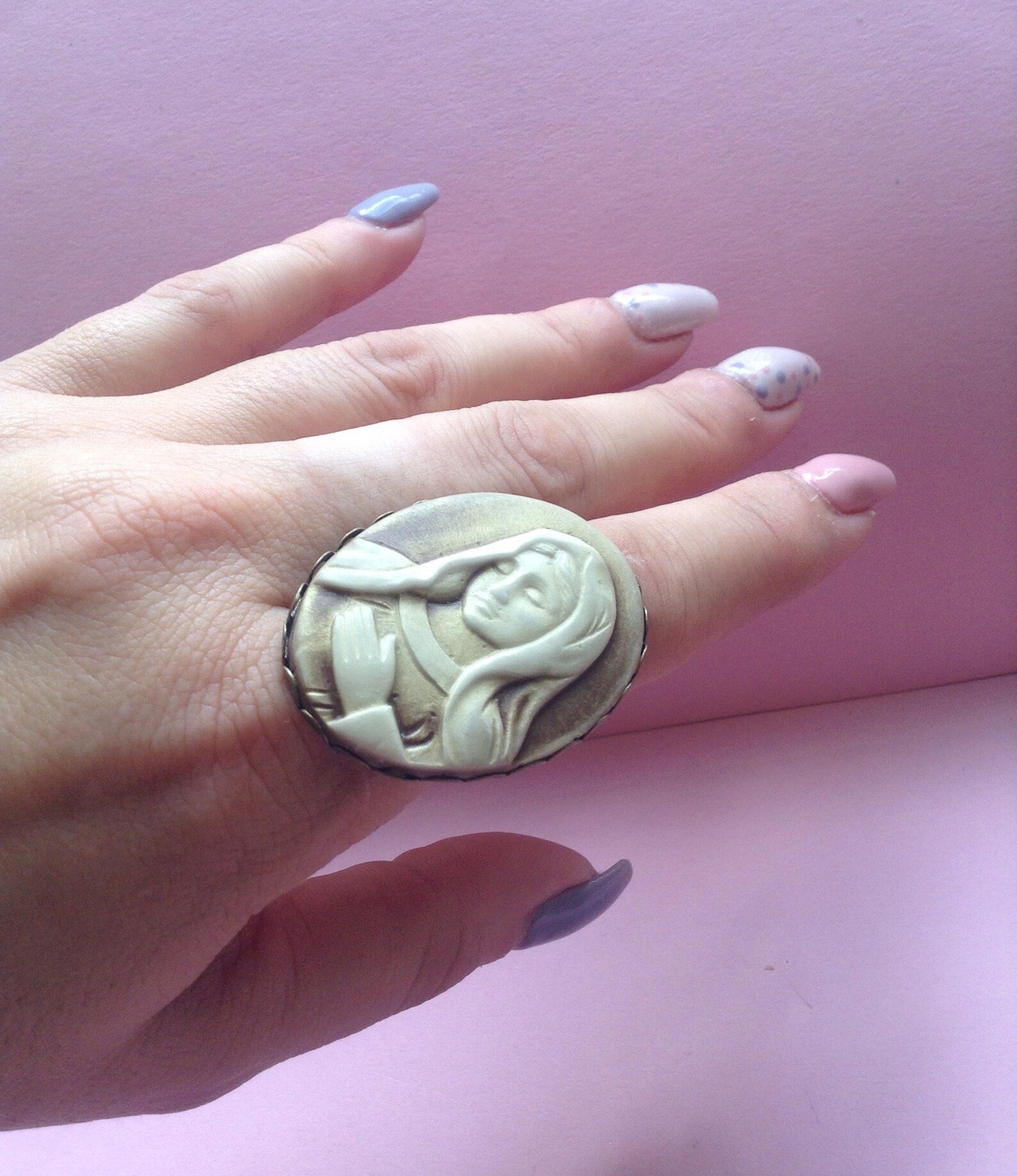 Large Virgin Mary Cameo Ring, Adjustable Ring Base, Brass Plated, Cameo ...