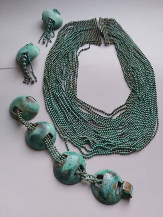 80's Laura Vogel Copper Look Ball Chain Necklace Brac… - Gem
